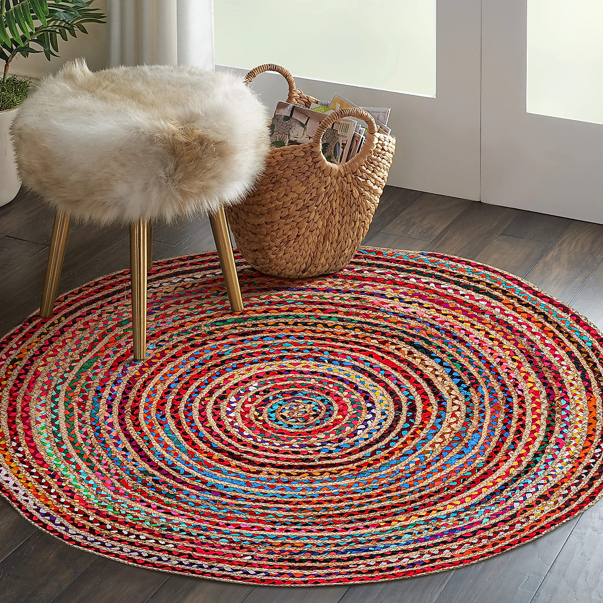 RIANGI - 4' Round Handwoven Jute Chindi Area Rug - Colorful Boho Rugs for Living Room - Hand Braided Multicolor Bohemian Rug for Farmhouse, Bedroom, Dining Room, Classroom, Hallway, Kitchen, Office