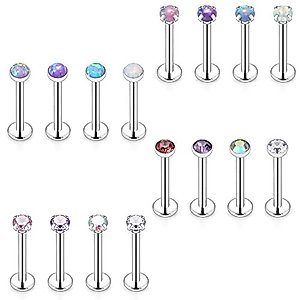 SCERRING 16PCS 16G 2mm Clear CZ Opal Internally Threaded Labret Monroe Lip Ring Tragus Nail Helix Earring Stud Piercing Jewelry Bar Length 6mm