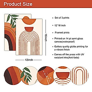 Boho Wall Art Set of 3, Boho Bedroom Decor Orange Minimalist Wall Decor Art, Mid Century Modern Wall Art, Neutral Abstract Geometric Framed Canvas Prints Wall Art for Bathroom 12"x16"