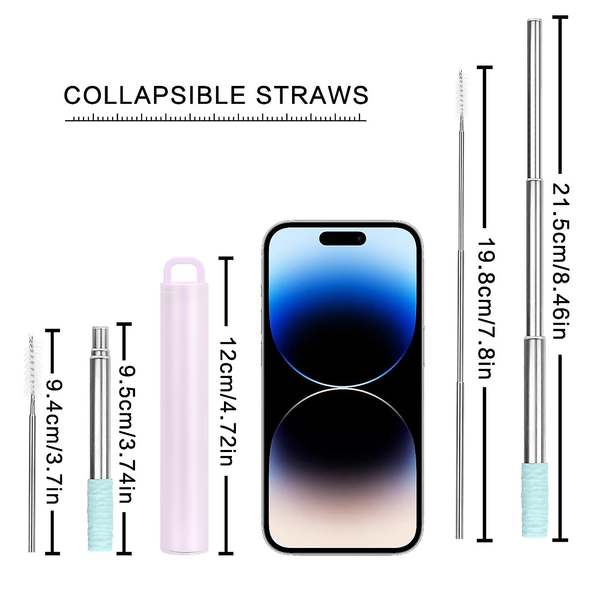 FYY Reusable Straws with Case - 3 Pack Collapsible Stainless Steel Travel Straws with Cleaning Brush & Silicone Tips Portable Cruise Ship Essentials Telescopic Drinking Straws with Keychain Ring 3P1
