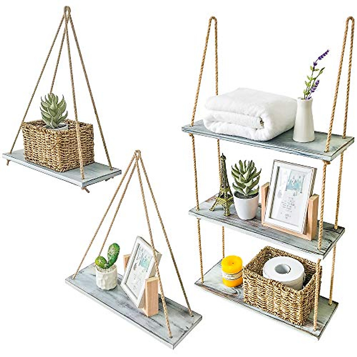 ASLINY Combo 3 Tiers Hanging Shelf and 2 Pcs Rope Shelves, Rustic White