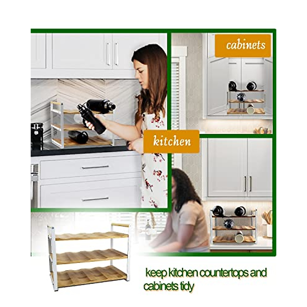 Asyncritus Water Bottle Organizer Suitable for Wall Hanging,Kitchen Countertops,Cabinets,3 Tier Bamboo Stackable Water Bottle Holder, Holds 12 Bottles in Total,Assembled Size: 14.6L×8.1W×11H