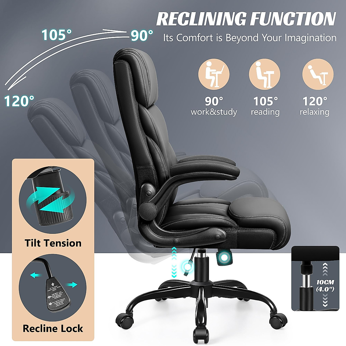 HeroSet Office Chair, Ergonomic Big and Tall Computer Desk Chairs, Executive Breathable Leather Chair with Adjustable High Back Flip-up Armrests, Lumbar Support Swivel PC Chair with Rocking Function