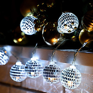 BBTO 10 Pcs LED Disco Ball String Light 2 Inch Battery Powered Mirror Ball Ornaments 70s 80s 90s Disco Party Supplies(Silver)