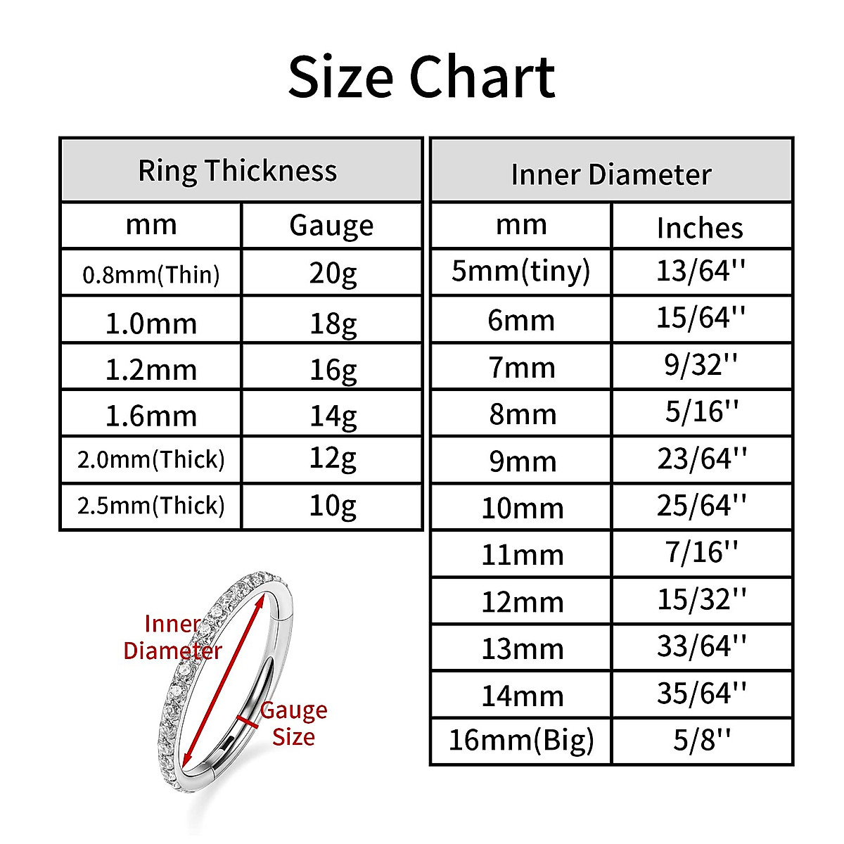 AROWRO Nose Ring Hoop Helix Rook Conch Earrings 20G 10mm CZ Stainless Steel Gold Sleeper Earring Cartilage Daith Tragus Piercing Jewelry Septum Clicker