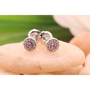 Dazzlingrock Collection 2.5mm Round Pink Sapphire & White Diamond Halo Stud Earrings for Women in 10K White Gold in Screw Back