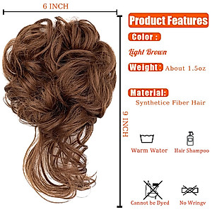 Messy Bun Hair Piece,Qunlinta Long Wavy Tousled Updo Hair Bun Extensions Wavy Hair Wrap Ponytail Hairpieces Hair Scrunchies with Elastic Hair Band for Women Girls -Light Brown