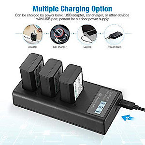 Powerextra NP-FW50 Rechargeable Battery Charger Set for Sony ZV-E10 A6000 A6500 A6300 A7 A7II A7SII A7S A7S2 A7R A7R2 A7RII A55 A510 RX10 RX10II (3 Pack Batteries and 3 Channel Charger LCD Display)