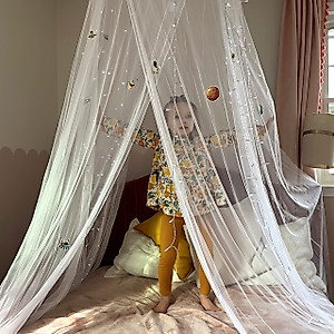 NFGMFMQSHDF Bed Canopy with Glow in The Dark Spaceworld, Modern White Bed Curtain for Girls, Kids & Babies, Fire Retardant Fabric