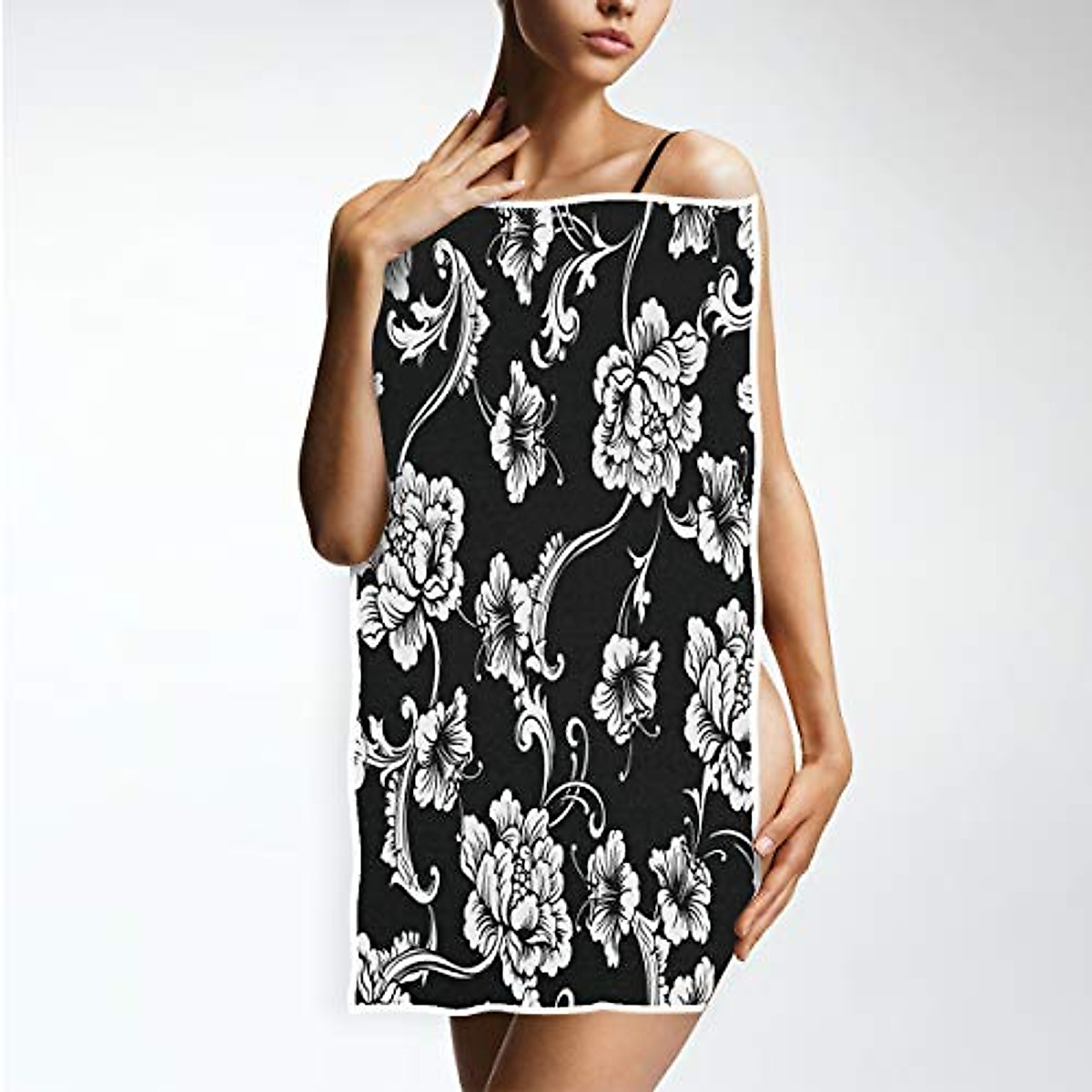 MCHIVER Hand Towels for Bathroom Cotton - White Floral Black Background Bath Towels Washcloths Soft Highly Absorbent Towels for Pool 15 x 30 inches