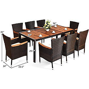 HAPPYGRILL 9 Pieces Patio Dining Set Outdoor Rattan Wicker Dining Set with Cushions, Garden Dining Table Chairs Set with Acacia Wood Table Top & Armrest