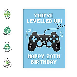 CENTRAL 23 20th Birthday Card for Him - 'You've Levelled Up!' - Happy Twentieth Birthday - Age 20 Twenty - Blue Greeting Card for Gamers - Fun Card For Adults, Friends - Son, Brother, Men