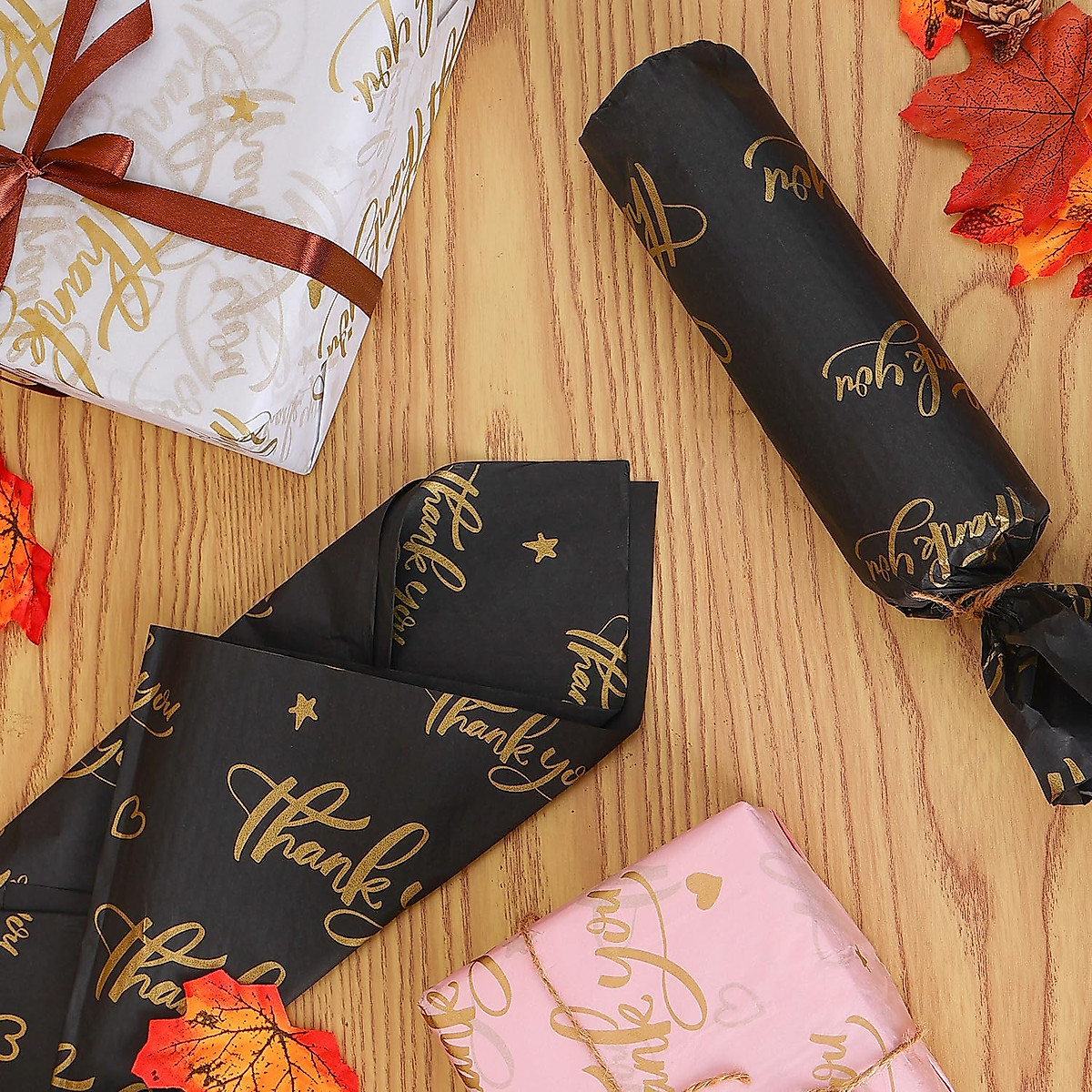 100 Sheet Thankyou Gift Wrapping Tissue Paper 14”x20” Recyclable Black with Metallic Gold Packaging Bag for Wedding Birthday Showers Art Craft Party Favor Decoration