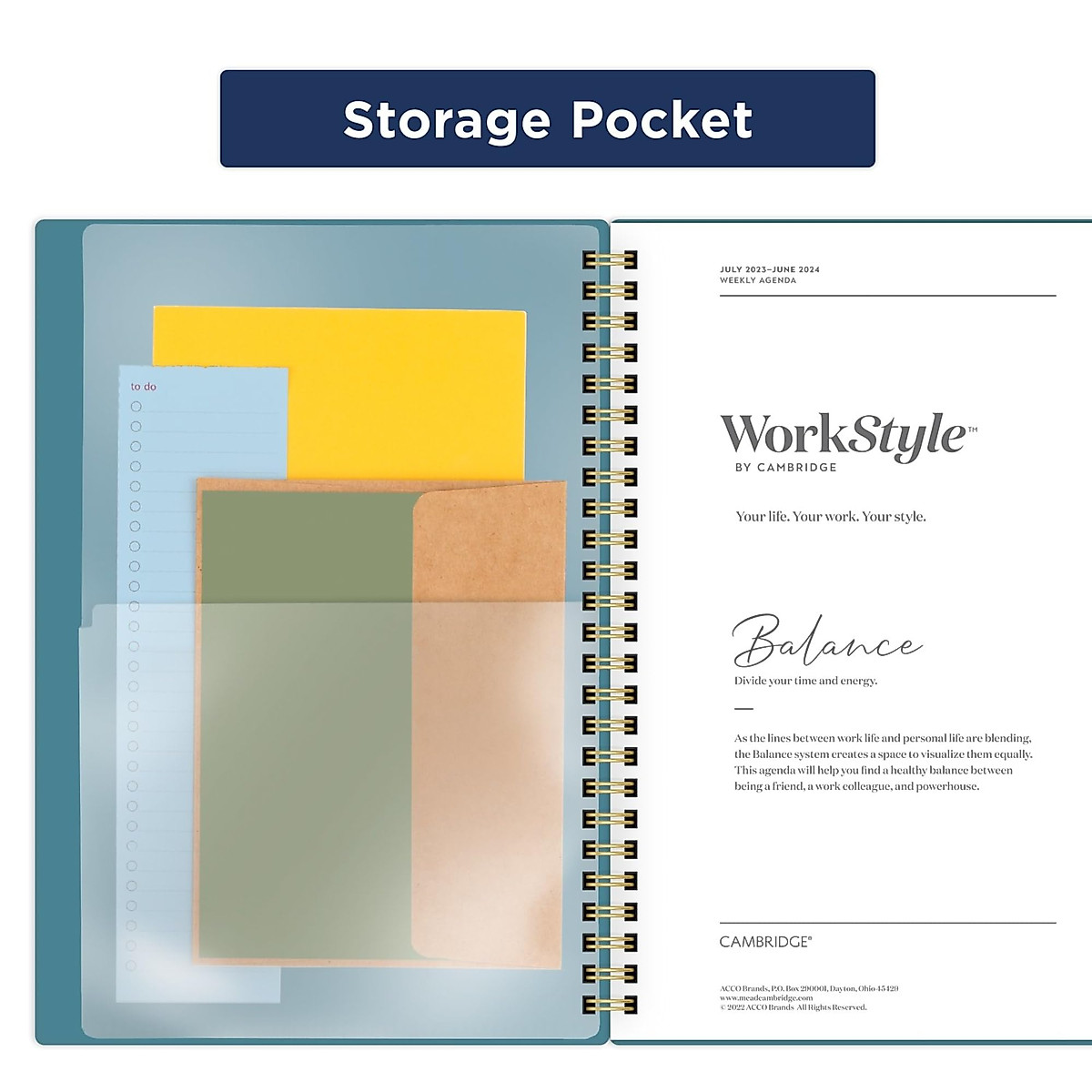 2023-2024 Cambridge® WorkStyle Balance Academic Weekly/Monthly Planner, 5-1/2" x 8-1/2", Teal, July 2023 to June 2024, 1606-200A-12