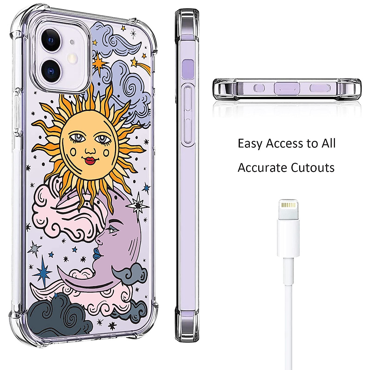 HEYORUN Sun Moon Design Clear Case Compatible for iPhone 12 Pro and iPhone 12, Star Cloud Girls and Women Back Case Cover, Cute Cartoons Transparent Soft TPU Bumper Shockproof Protective Phone Case