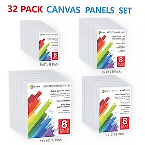 Simetufy Canvas Boards for Painting 32 Pack, Paint Canvas Panels Set - 5x7, 8x10, 9x12, 11x14 Inches, Pre-Primed 100% Cotton Blank Canvases for Oil Acrylic Watercolor Pouring Paint for Kids & Artists