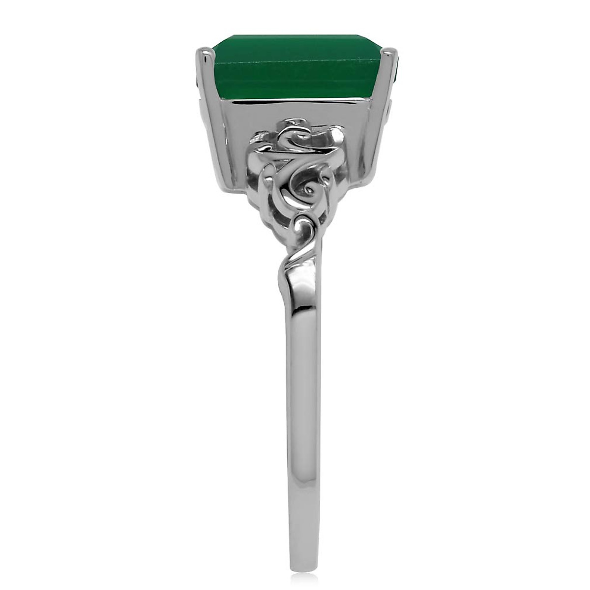 Silvershake 3.29 CTW 10X8mm Natural Octagon Shape Emerald Green Agate White Gold Plated 925 Sterling Silver Filigree Leaf Solitaire Ring May Gemstone Birthstone Size 6