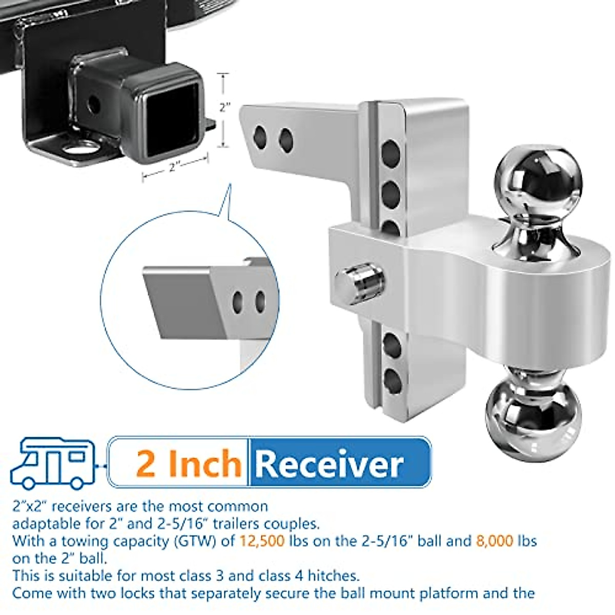 Tlvuvmo Adjustable Trailer Hitch - 6 Inch Drop Hitch Ball Mount for 2 Inch Receiver, 12,500 GTW, 2" and 2-5/16" Stainless Steel Tow Balls, Aluminum Tow Hitch with Double Anti-Theft Pins Locks