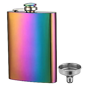 YFS Solid Rainbow Colored Flask for Liquor and Funnel, 8 Oz Leak Proof Stainless Steel Pocket Hip Flask