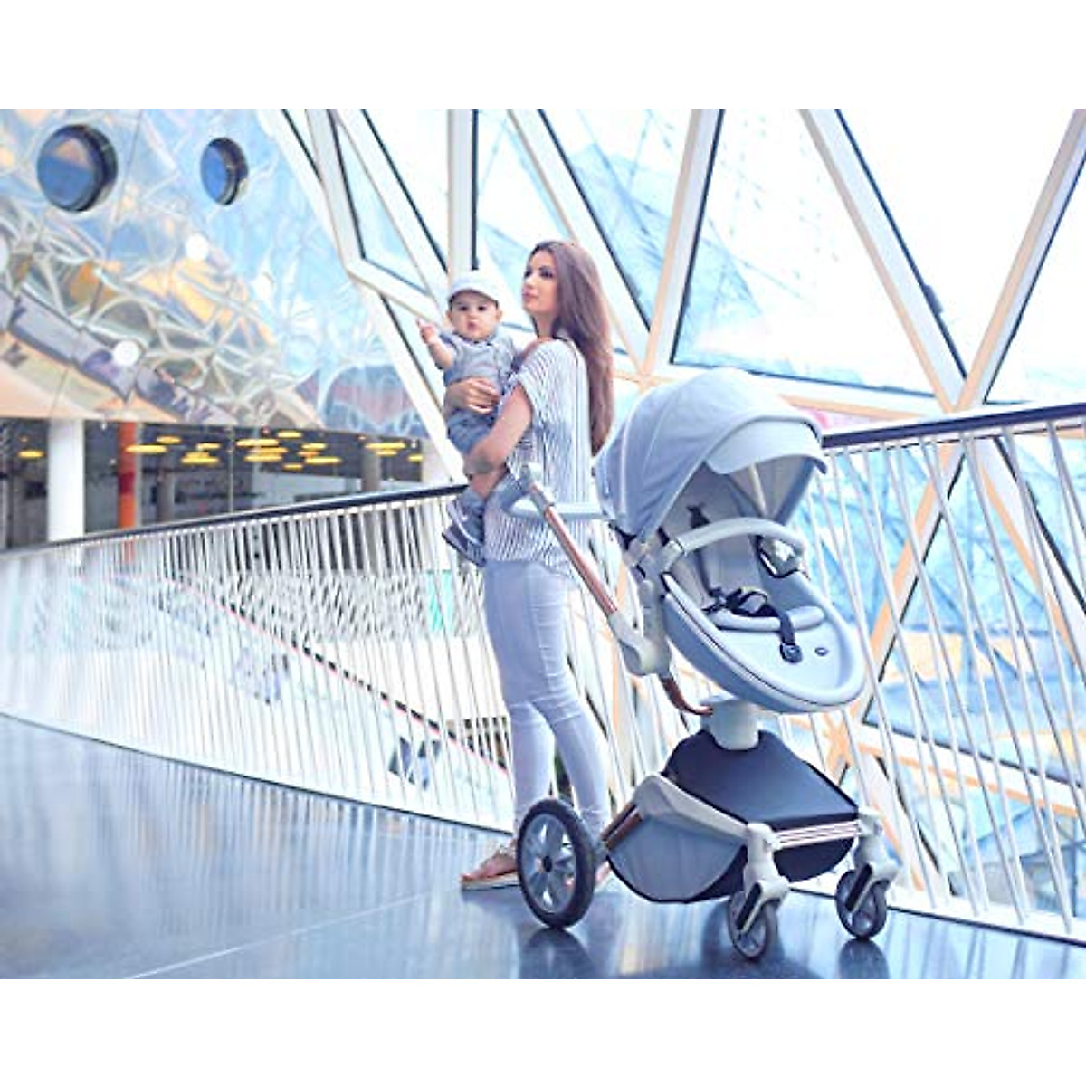 Hot Mom Baby Stroller 360 Degree Rotation Function, Pu Leather Baby Bassinet and Seat Combo Pushchai & Pram, Grey