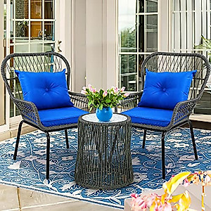 YITAHOME 3-Piece Outdoor Patio Furniture Wicker Bistro Set, All-Weather Rattan Conversation Chairs for Backyard, Balcony and Deck with Soft Cushions, Glass Side Table (Gray+Navy Blue)