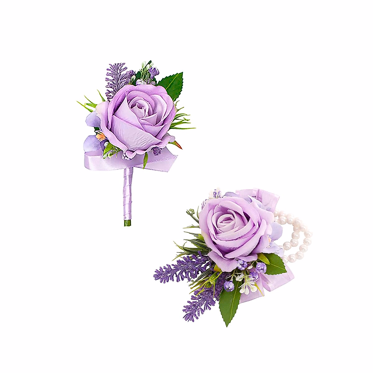 Floinla Purple Corsage and Boutonniere Set for Wedding Prom, Artificial Flower Wrist Corsage Bracelets, Homecoming Corsage Wristlet, Boutonniere for Men Wedding Suit Decorations