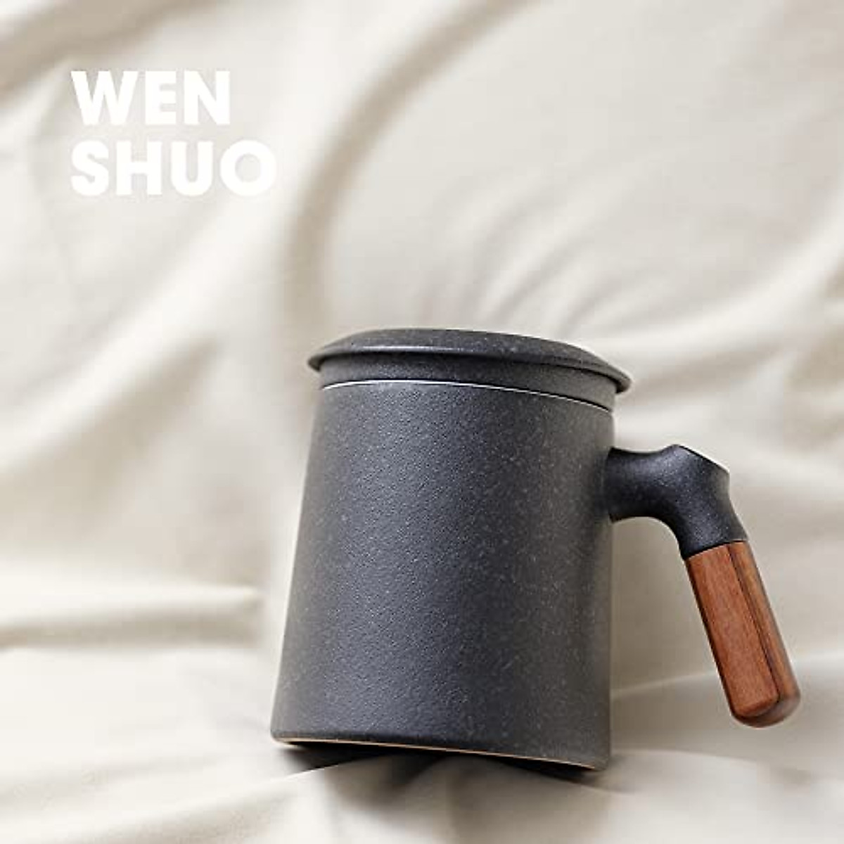 WENSHUO Sandalwood handle Tea Mug, Chinese Ceramic Tea Cup, with Infuser and Lid, 13 oz, Matte Grey