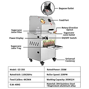 Commercial Electric Sugar Cane Juicer Sugarcane Juicing Extractor 304 Stainless Steel Celery Ginger Sweet Sorghum Press Machine, 110V 350W
