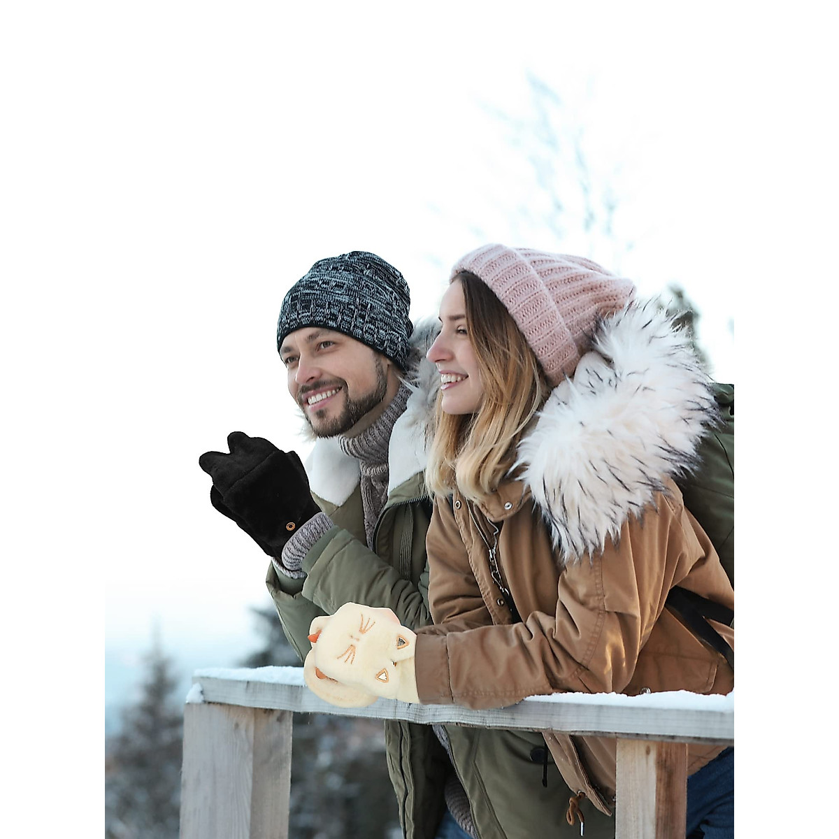 SATINIOR 2 Pairs Winter Gloves Thick Warm Soft Plush Convertible Flip Top Mittens Full Finger Gloves for Women Girls (White, Black, Cat)