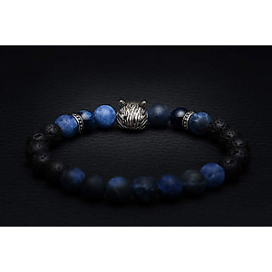 Karseer Viking Wolf Spirit Bracelet with Blue Sodalite and Black Lava Rock Beads, Natural Stone Chakra Jewelry for Emotional Support and Essential Oil Diffusion, Unisex Gift