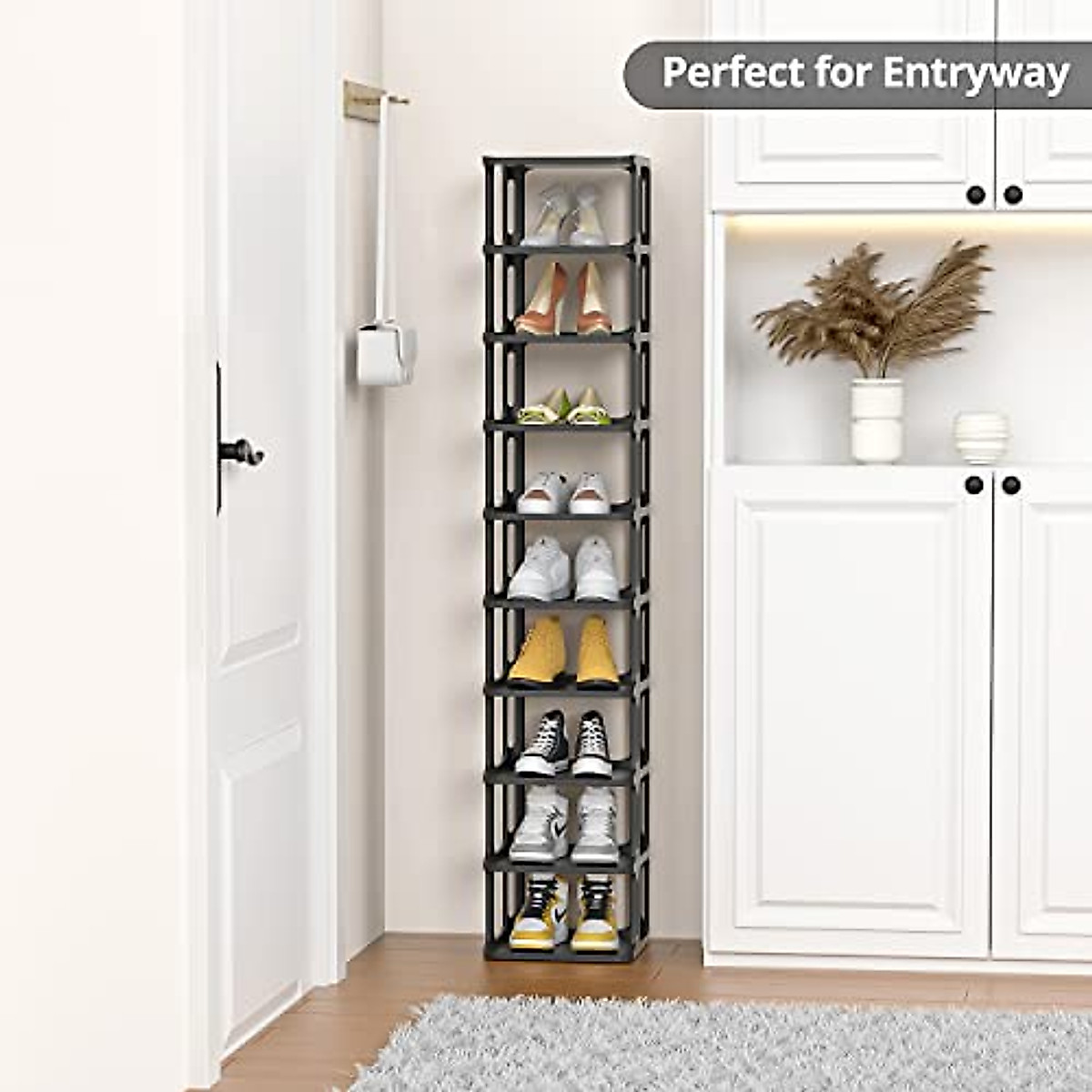 10 Tier Vertical Skinny Shoe Rack - Space Saving Corner Shoe Tower, Plastic Tall Thin Shoes Storage Organizer for Entryway and Closet, Free Standing Shoe Shelf in Black, Modular Set No-Tool Assembly