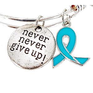 Awareness Bangles For Women - Ovarian Cancer Awareness Bracelets Charm Bangle - Teal Turquoise Ribbon Positive Inspirational Message Charm Bangle 1 pc