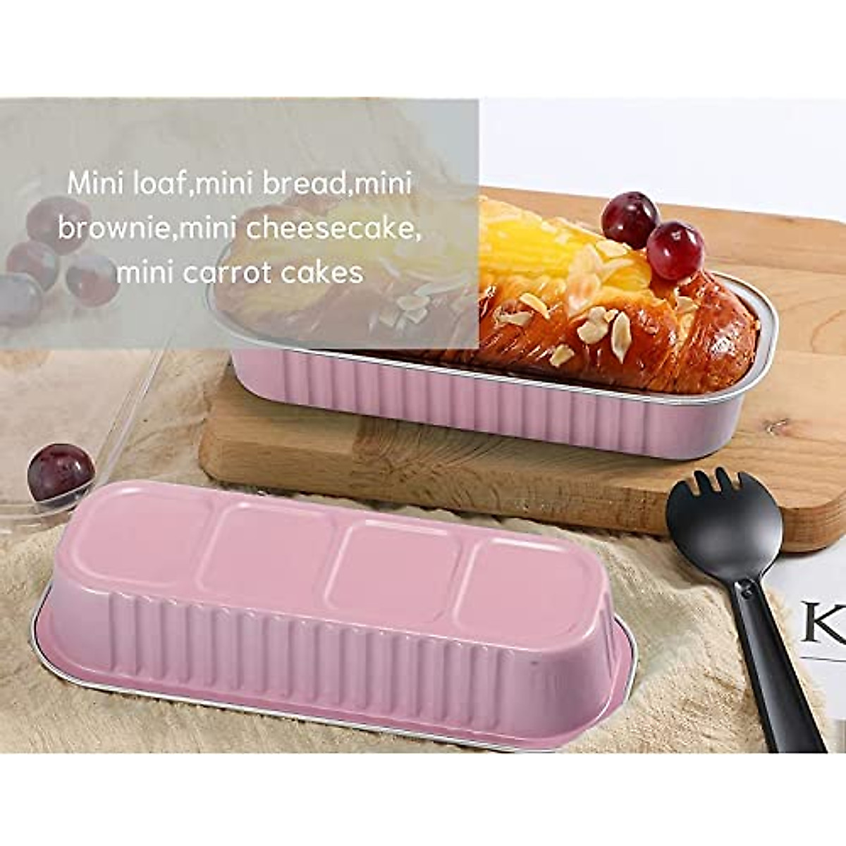 Findful Mini Loaf Baking Pans with Lids And Spoons (100 Pack, 6.8oz) Rectangle Aluminum Foil Baking Pans Tins Containers - Cupcake Containers Wrappers Cheesecake Creme Brulee Ramekins