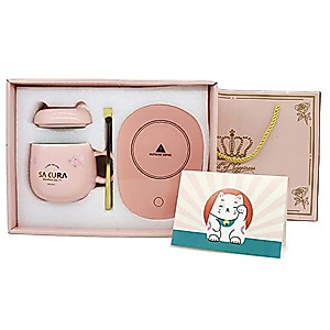 Coffee Warmer with Mug Set,Cute Cat Mug Set Beverage Cup Warmer for Desk Kawaii Mug Birthday Gifts for Women Smart Coffee Mug Warmer Candle Warmer Plate Sister Best Birthday Gift Boxes for Women Pink