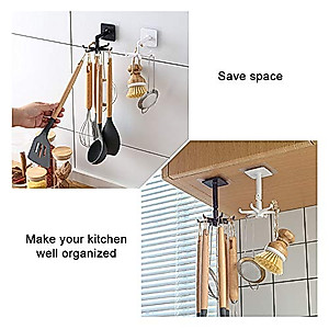 2 PCS Kitchen Utensil 360°Rotating Folding Hook Rack Utility Self-Adhesive 6 Claw Wall-Mounted and Under Cabinet Holder Wall Hooks with Heavy Duty Hanging for Home Bathroom Office(Black + White)