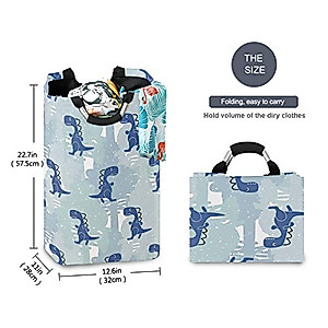 ALAZA Dinosaur Blue Color Boy Large Laundry Hamper Bag Collapsible with Handles Waterproof Durable Clothes Round Washing Bin Dirty Baskets Organization for Home Bathroom Dorm College