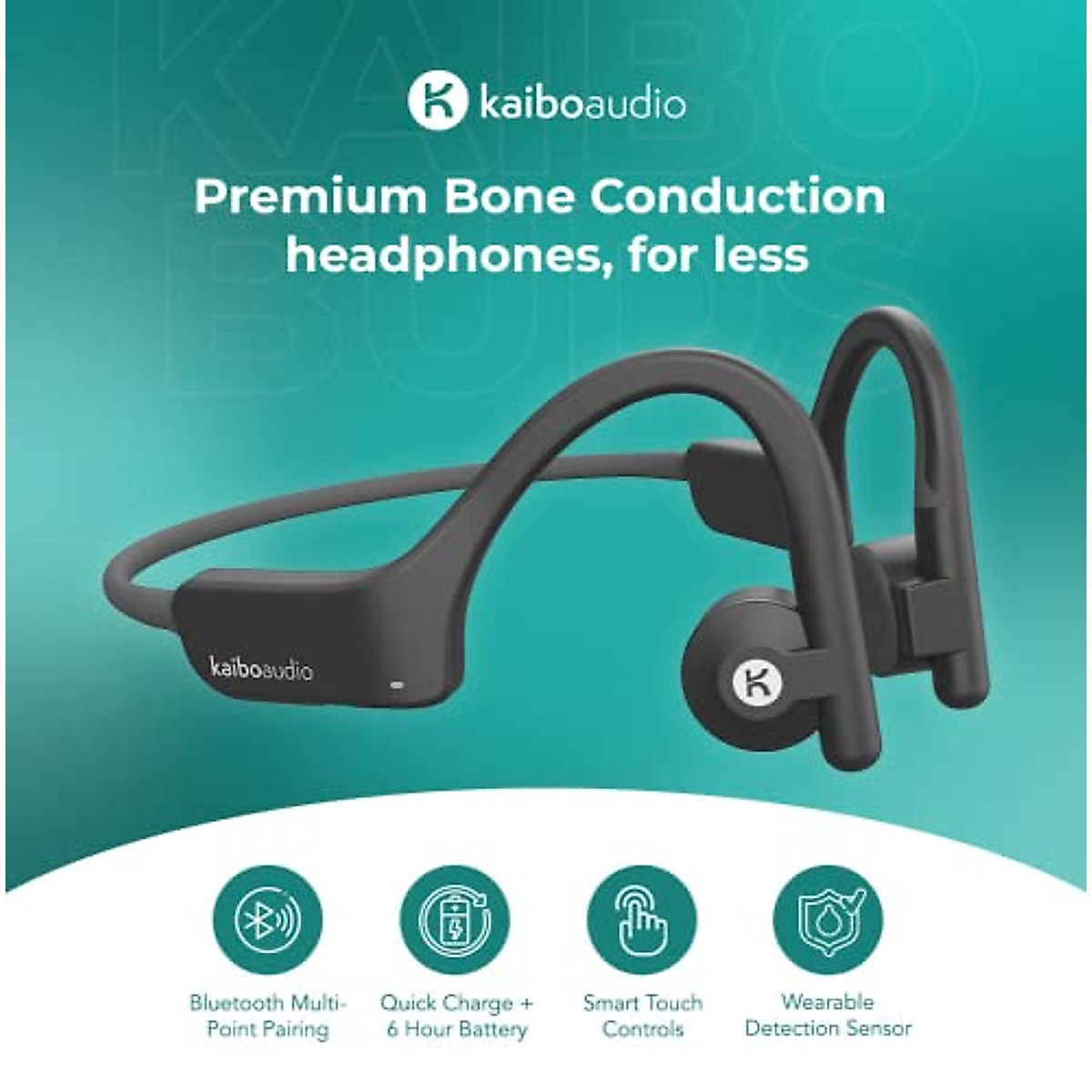 K KAIBOAUDIO Kaibo Verse - Bone Conduction Headphones - Multipoint Pairing - Open Ear Bluetooth Earphones - Water-Resistant - USB-C Quick Charging - Smart Touch Control (Midnight Black)