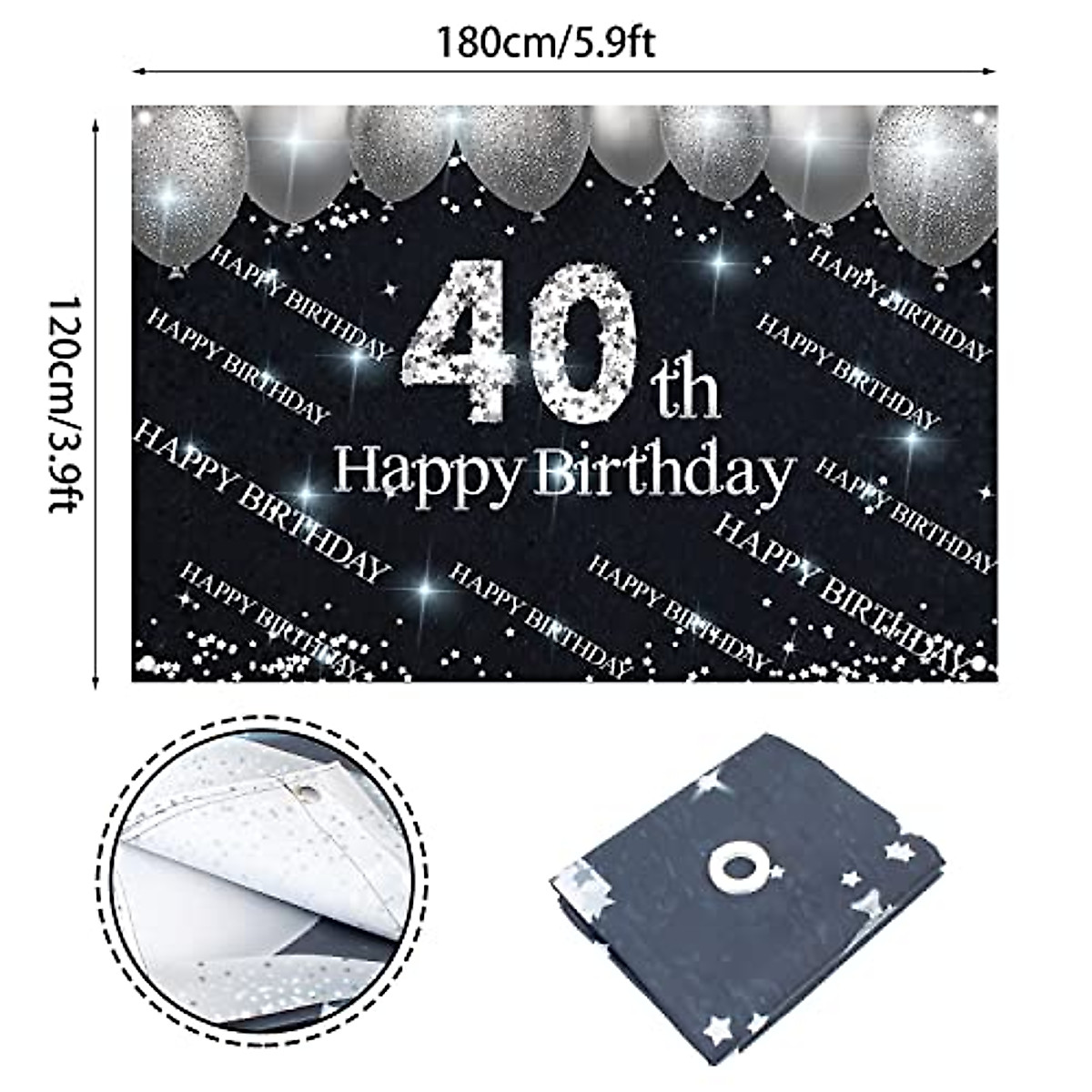 Silver and Black Happy 40th Birthday Backdrop Banner Decorations for Women Men 40 Years Old Bday Background Photography Party Decor Sign Supplies