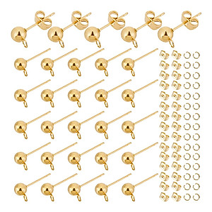 UNICRAFTALE 30pcs Gold Ball Post Stud Earrings Stainless Steel Stud Earring Post with Loop Ear Nut Metal Earring Post Findings with Ear Nuts for DIY Dangle Jewelry Making Findings