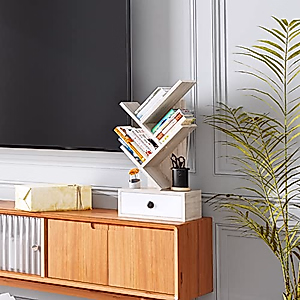 Giantex 5-Tier Tree Bookshelf with Drawer - Freestanding Retro Small Book Storage Rack for Small Place, Kids Room Wooden Decorative Bookcase with Storage for CDs, Magazines, Books, Beige