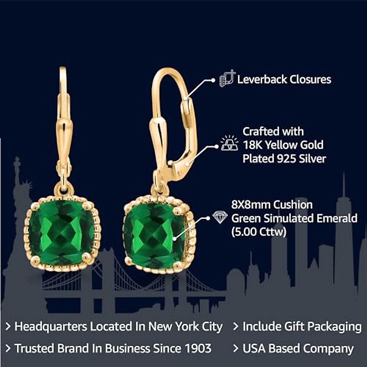 Gem Stone King 18K Yellow Gold Plated Silver 8MM Cushion Gemstone Birthstone Drop Dangle Earrings | Leverback Gold Earrings For Women