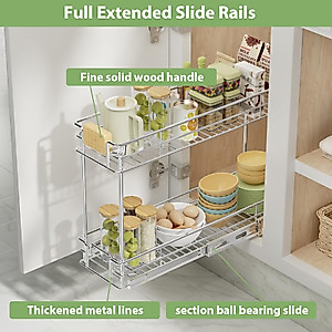 ROOMTEC Pull Out Cabinet Organizer With Wooden Handle 7½" W x 21½" D 2-Tier Cabinet Drawer Pull Out Shelves Under Cabinet Storage for Kitchen