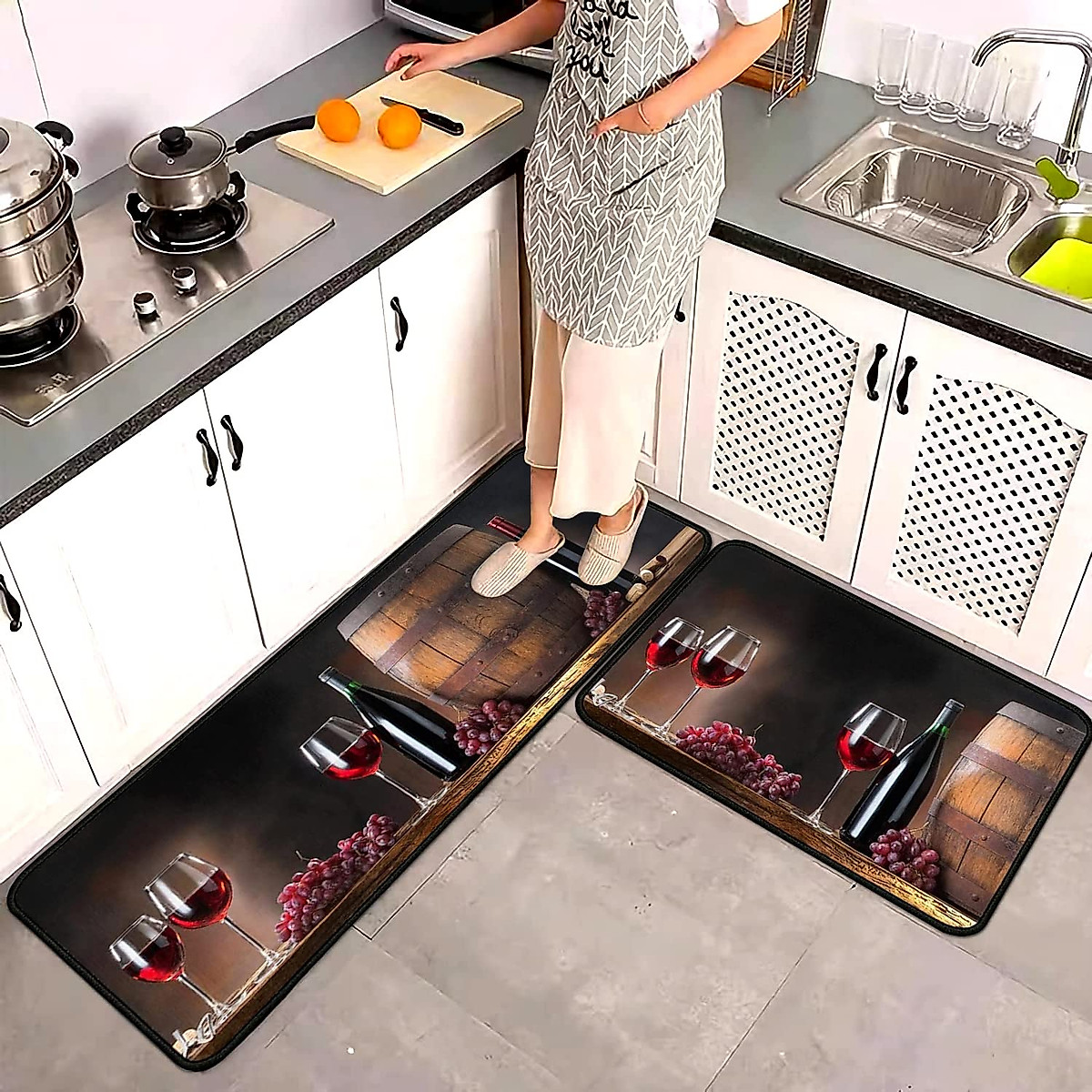 2 Piece Wine Kitchen Rug Set, 3D Wine Glasses Kitchen Rugs and Mats Non Skid Washable Absorbent Microfiber Kitchen Floor Decor Mat 17"x47"+17"x30"