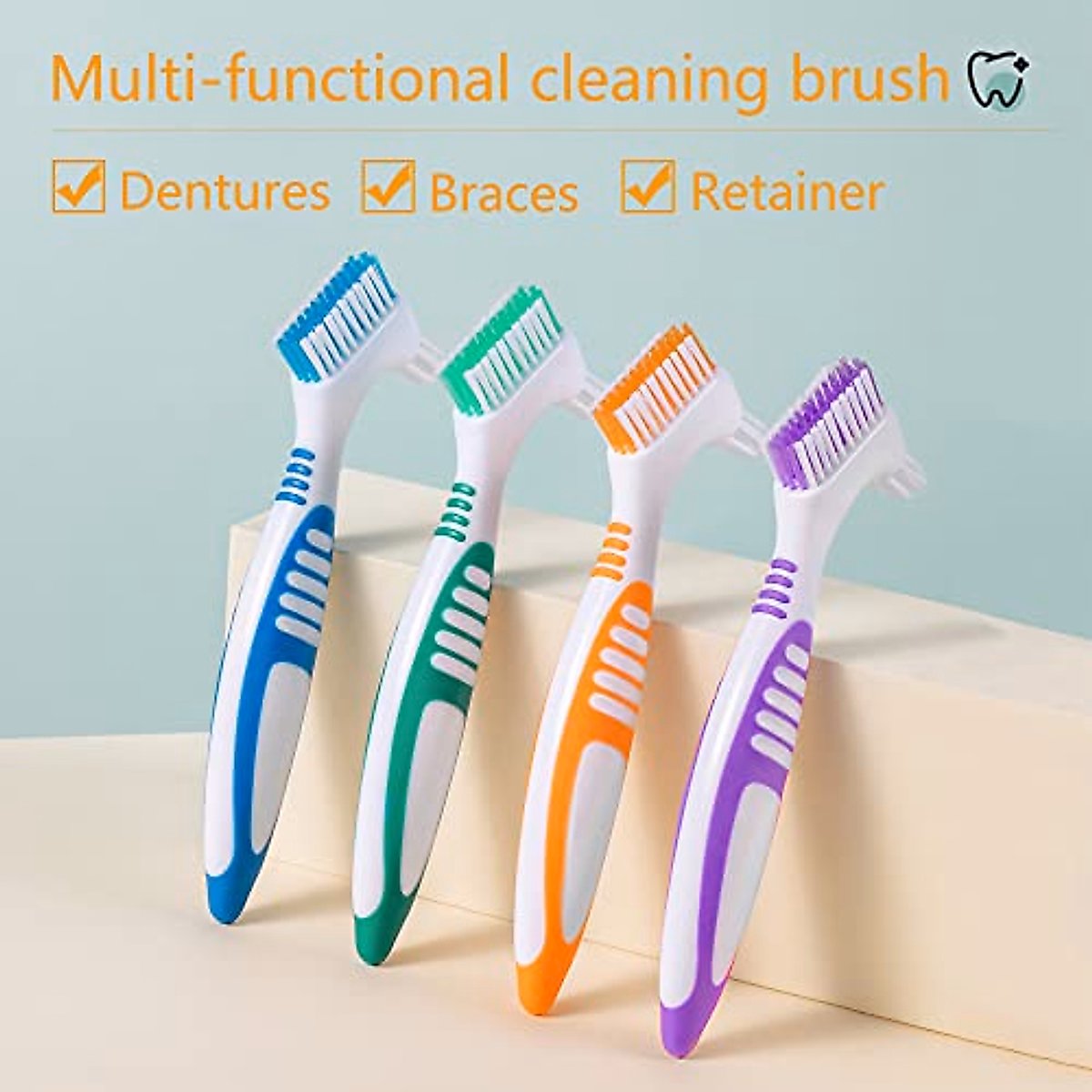Octuitey Denture Brush 2Pcs Denture Toothbrushes，Denture Cleaning Care Cleaning Brush ，Double Sided Toothbrush，Multi-Layered Bristles and Rubber Anti-Slip Handle (Green and Orange)