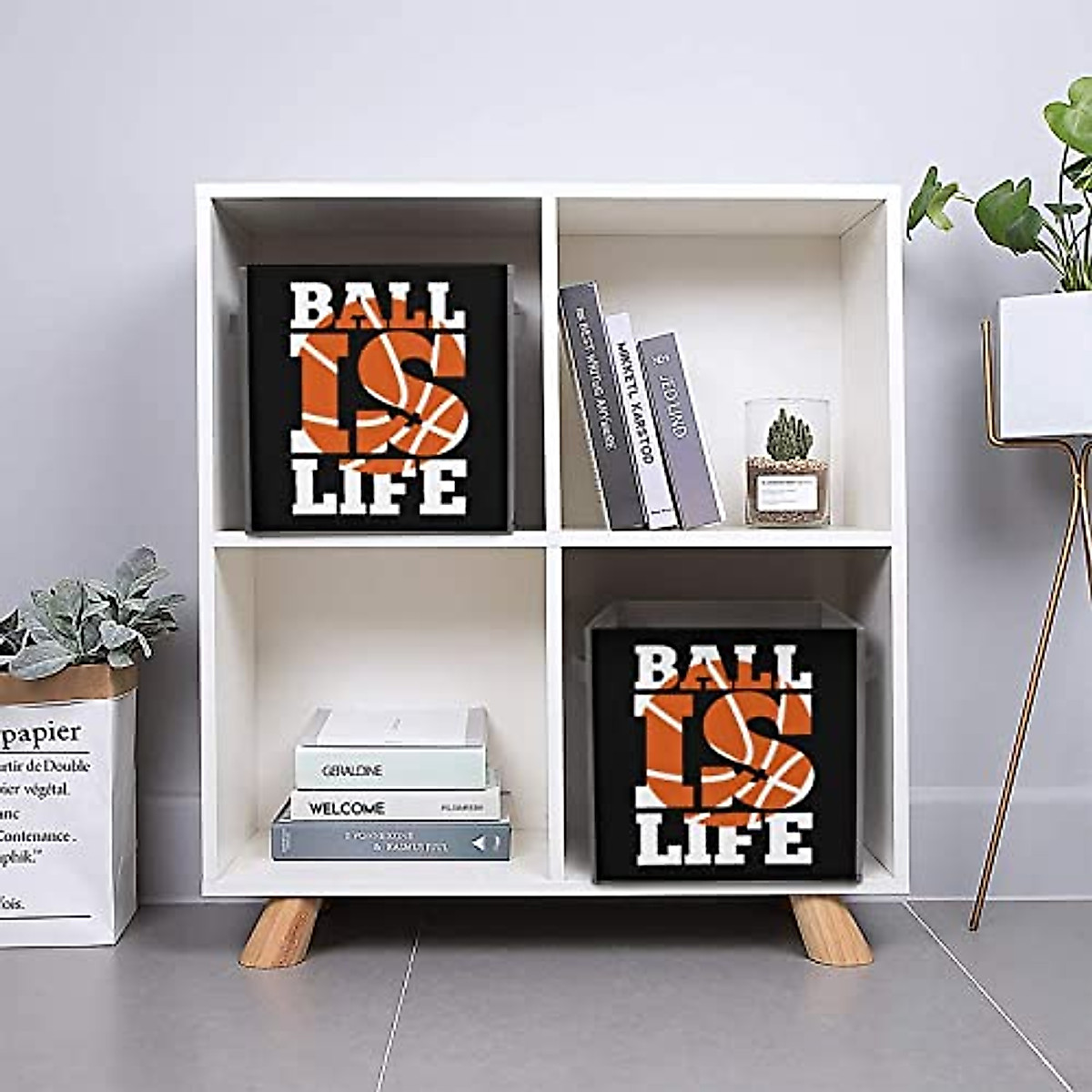 Basketball is Life PU Leather Collapsible Storage Bins Canvas Cube Organizer Basket with Handles
