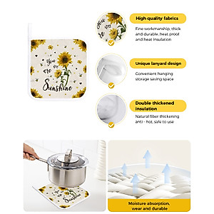 2 Pack Pot Holders Heat Insulation Potholder, Sunflower Hot Pads Multipurpose Oven Pads Terry Cloth Potholders for Kitchen Cooking Baking Dining Table Summer Sunshine Floral and Bees