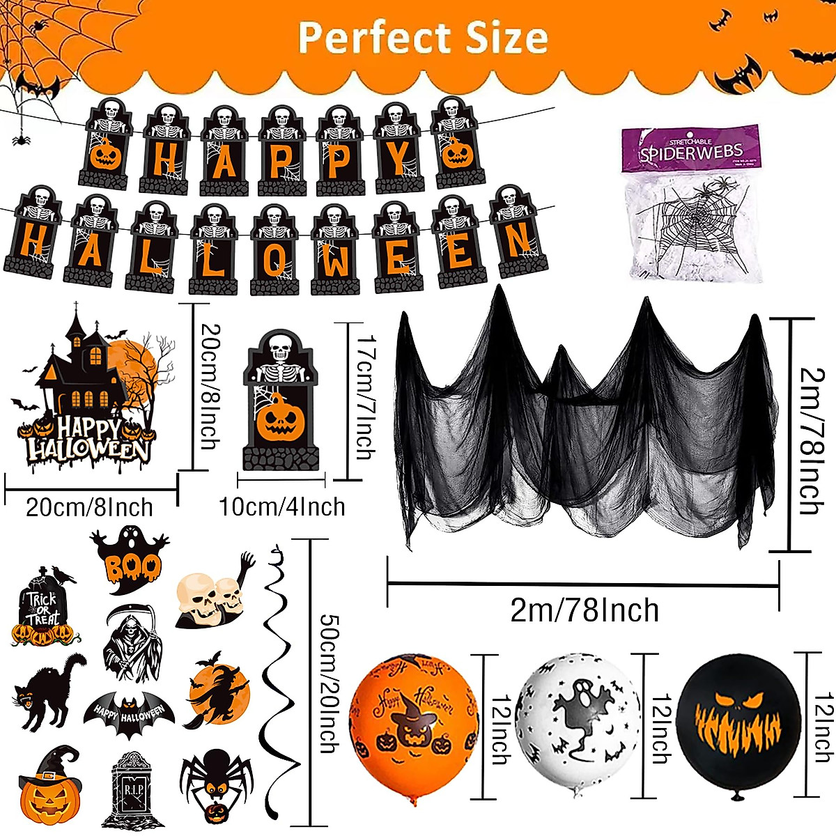 Halloween Party Decoration Halloween Party Supplies, Spooky Halloween Banner Halloween Hanging Swirl Decorations Creepy Cloth Halloween Theme Balloons Scary 3D Bats Spider Web Decorations