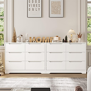 HOSTACK 6 Drawer Dresser, White Dresser with 4 Cubbies, Wood Chest of Drawers with Cut-Out Handles, Modern Storage Chest with 20" Deep Tabletop for Living Room, Hallway, Entryway