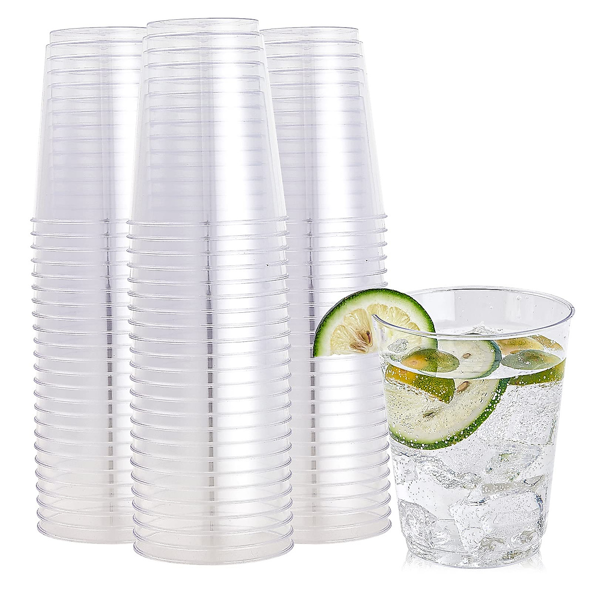 FOCUSLINE 100 Pack Clear Plastic Cups 10 oz Disposable Cups Heavy Duty Plastic Tumblers, Reusable Clear Hard Plastic Cups Tumblers for Wedding, Thanksgiving, Halloween, Christmas Party