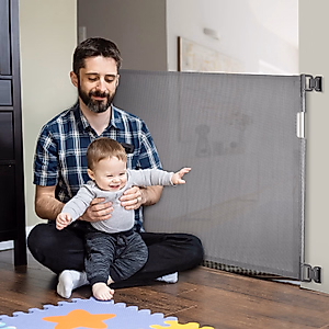 Retractable Baby Gate, Momcozy Mesh Safety Gate for Babies and Pets, Extra Wide Safety Baby Gate 33.7" Tall, Extends to 55" Wide, Pet Dog Gate for doorways, Stairs, Hallways, Indoor/Outdoor (Grey)